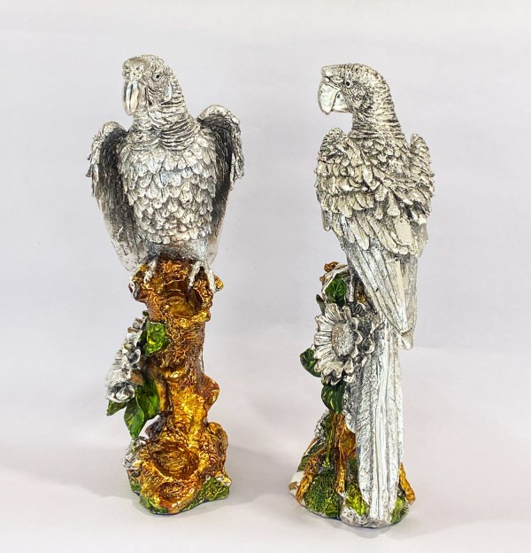 a Artistic Silver Parrots Pair sitting on a tree Trunk. 11.5″ | Resin ...
