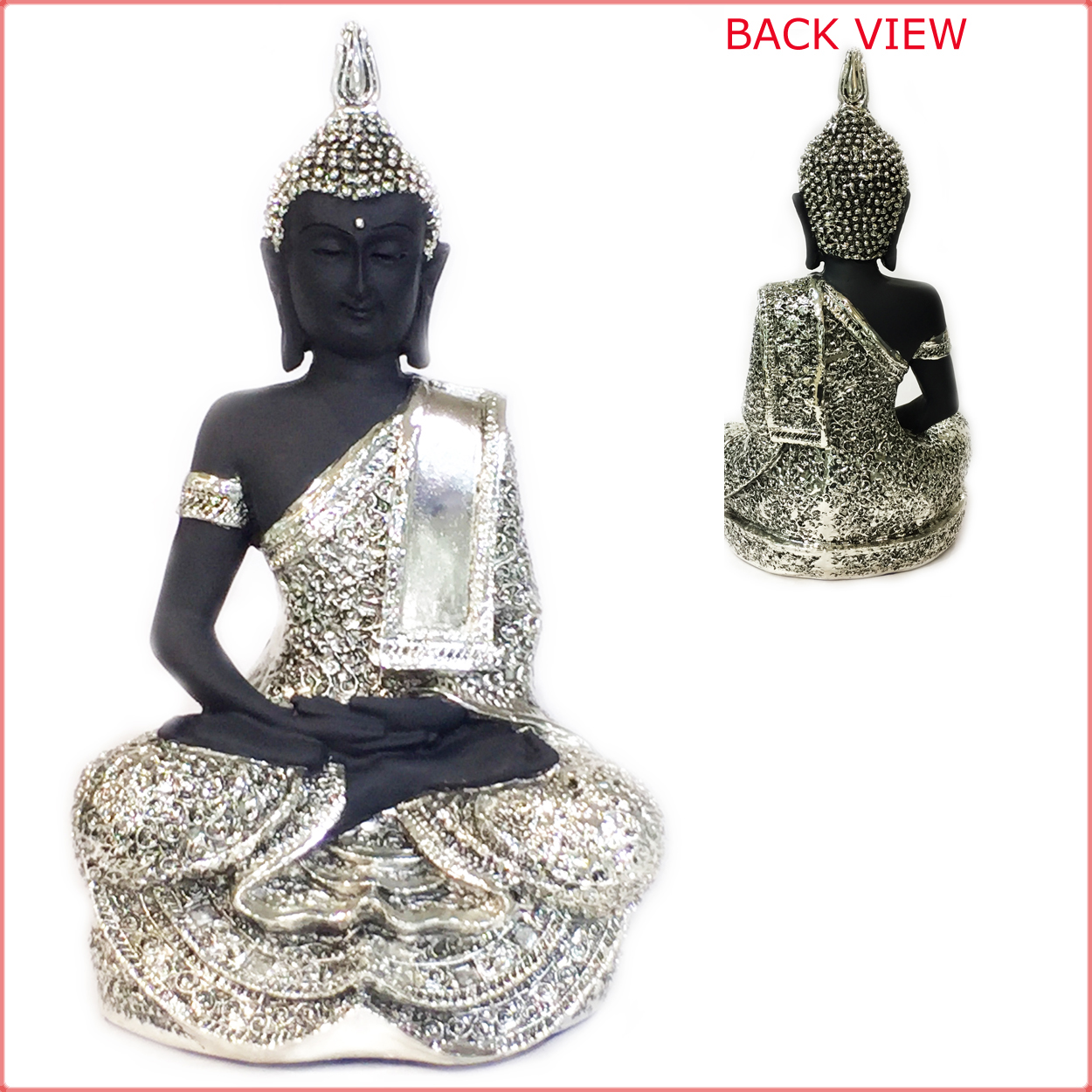 Large Silver Buddha Sitting in Black | 10.7" ht.