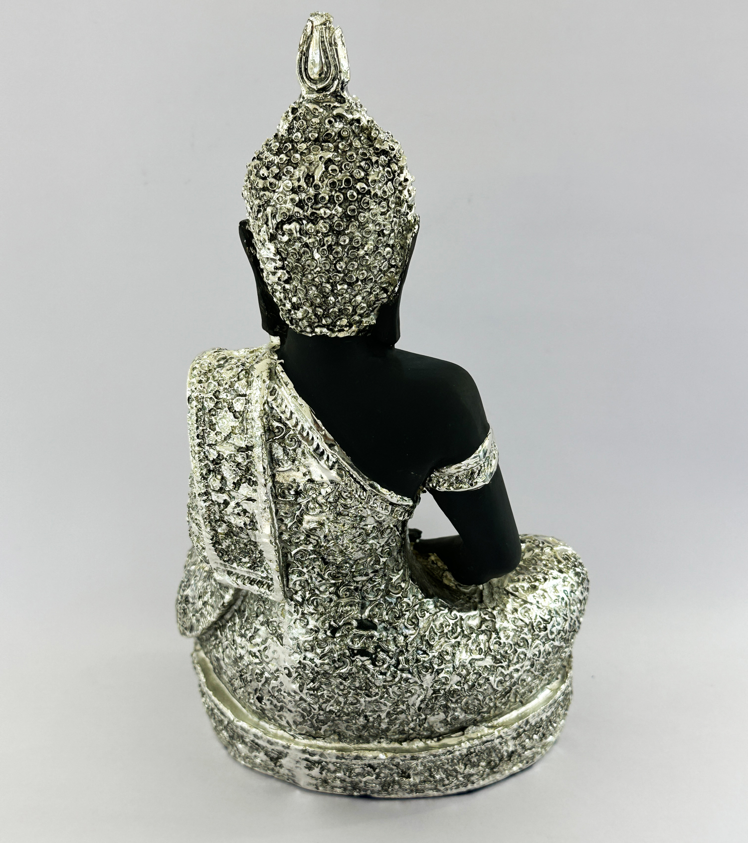 Large Silver Buddha Sitting in Black | 10.7" ht.